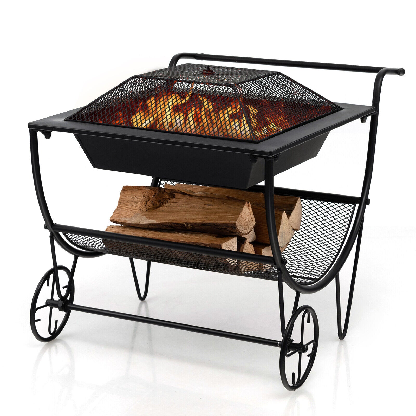 Outdoor Wood Burning Fire Pit with Log Storage Rack and Wheels – SUGIFT