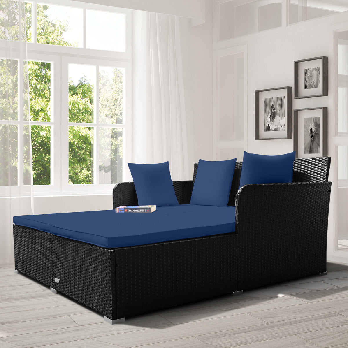 Spacious Outdoor Rattan Daybed with Upholstered Cushions and Pillows ...